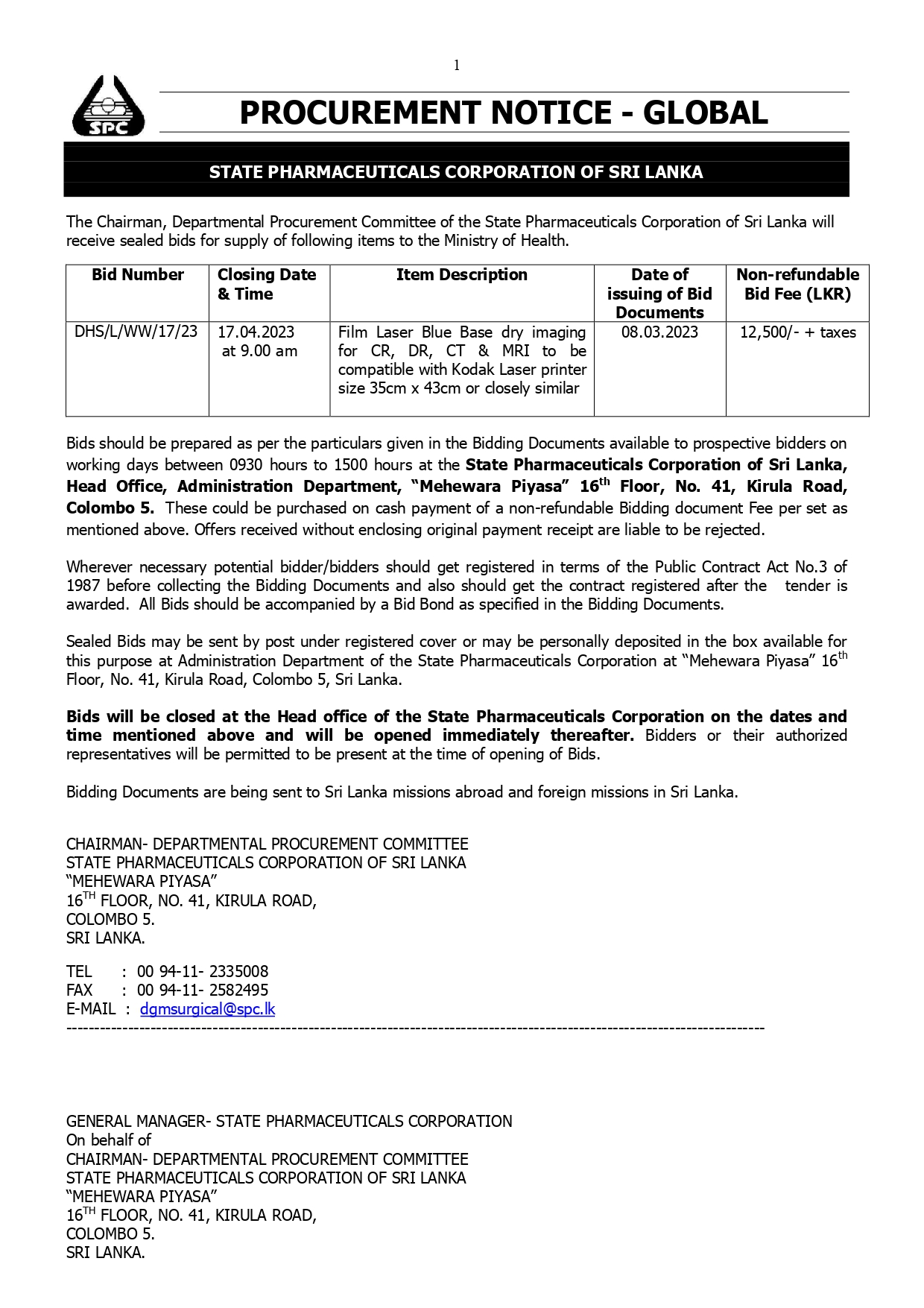 Procurement Notice-State Pharmaceuticals Corporation | Embassy of ...